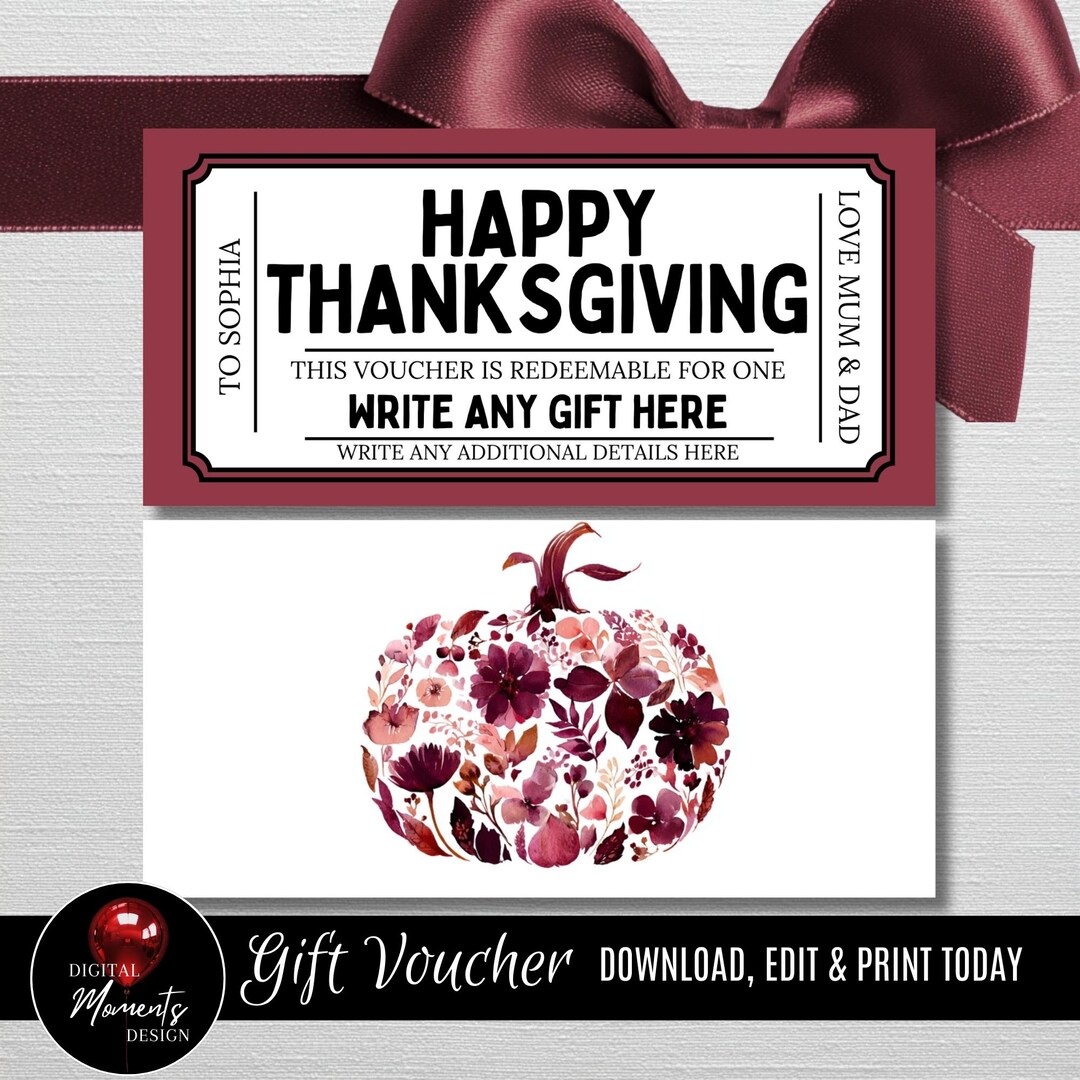 Thanksgiving Gift Voucher Template, Printable Certificate Coupon ...