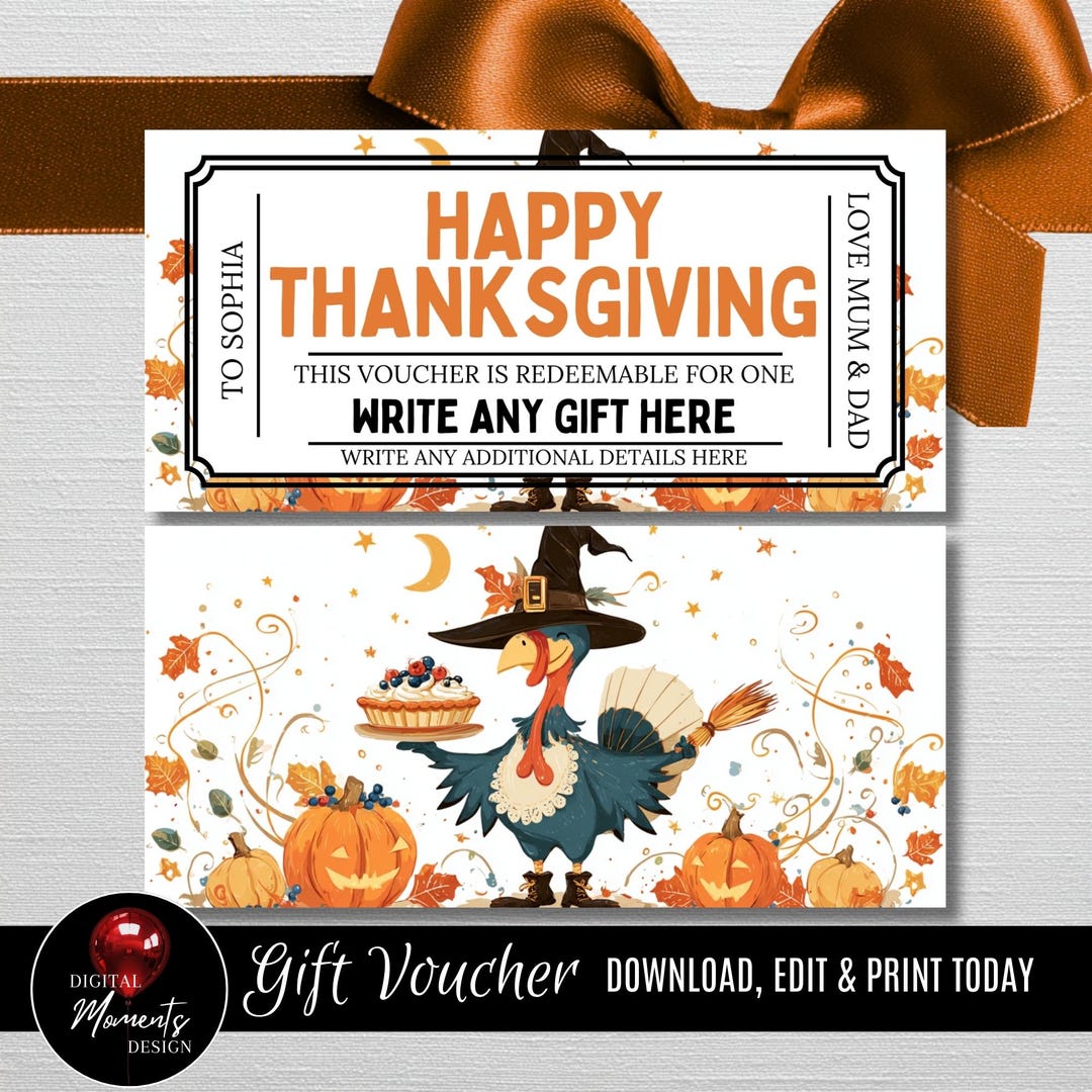 Custom Thanksgiving Gift Voucher Template, Printable Certificate Coupon ...
