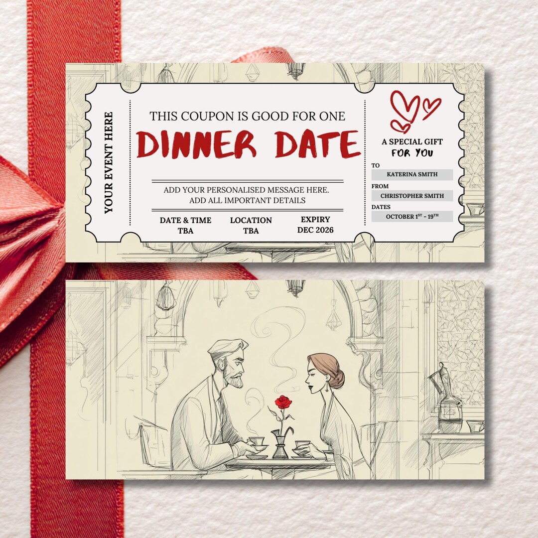Custom Dinner Date Gift Voucher, Elegant Date Night Coupon, Printable ...