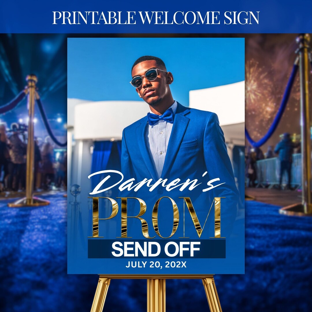 Elegant Prom Send off Welcome Sign, Blue Gold Welcome Board (digital ...