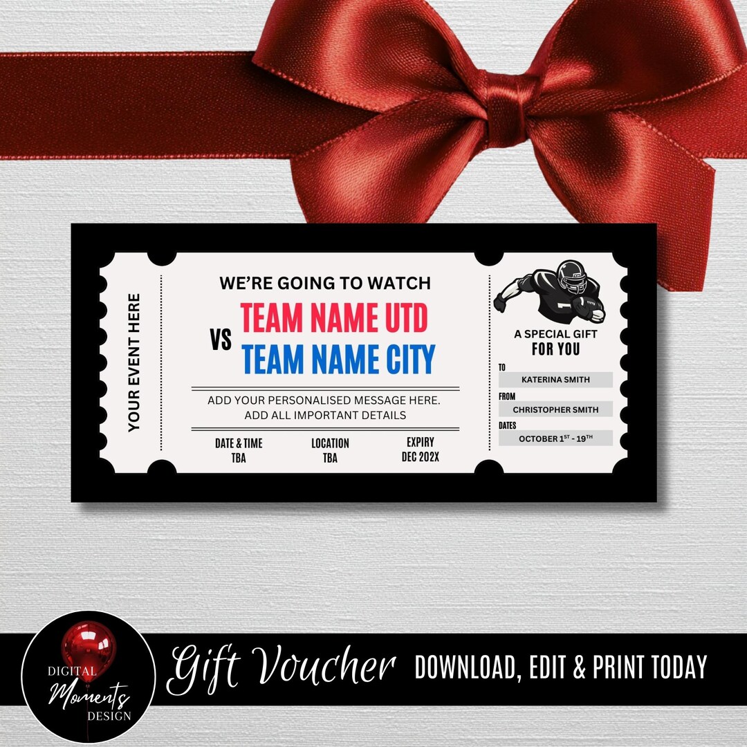 Printable Football Ticket Gift Voucher, Editable Stadium Experience ...