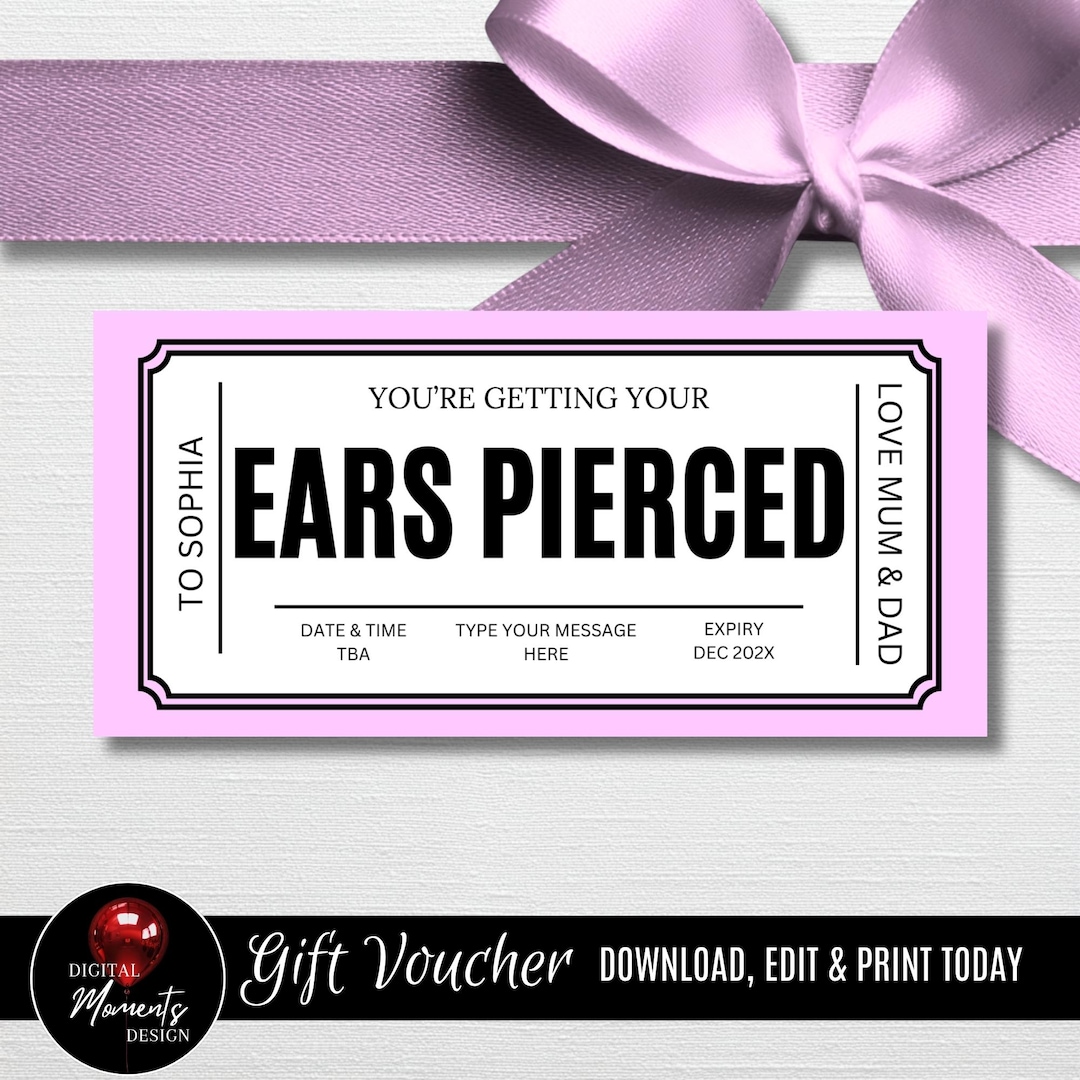 Ear Piercing Gift Voucher, Editable Gift Coupon, Birthday Voucher ...