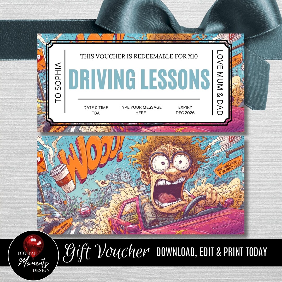 Printable Driving Lessons Gift Voucher, Editable Driving License Coupon ...