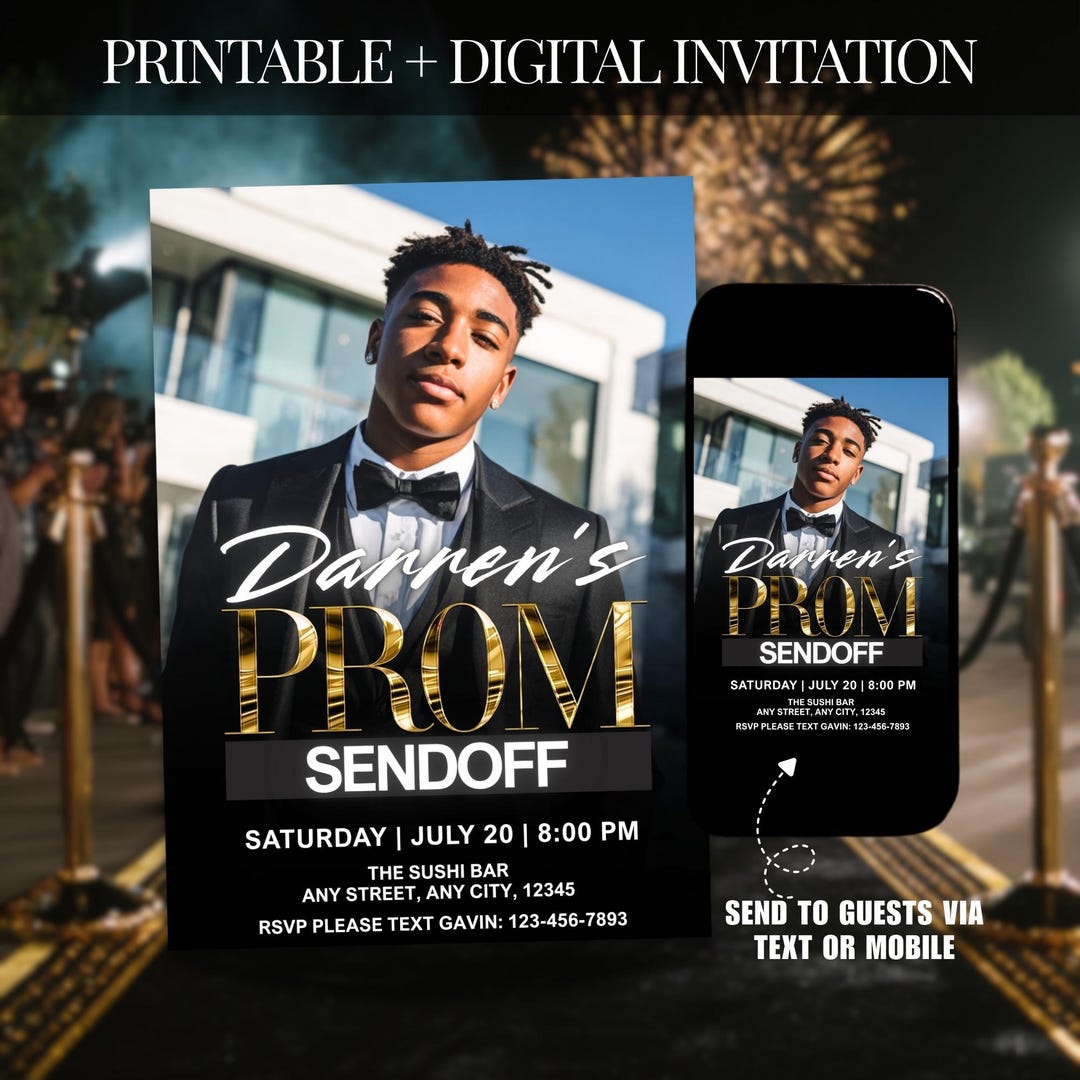 Prom Send off Invitation, Black Gold Printable Boys Flyer Template ...