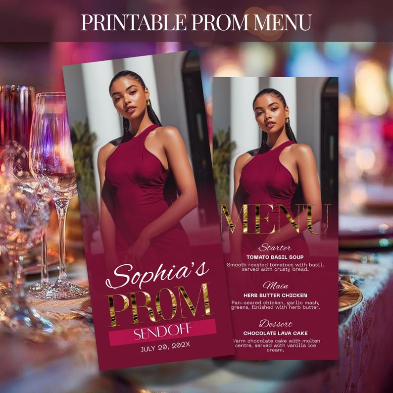 Prom Menu Printable, Editable Dinner Menu Card Maroon Red Gold, Formal ...