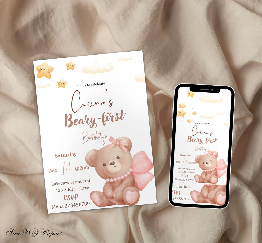 Bear Theme Birthday Invitation Editable Template, Christening ...