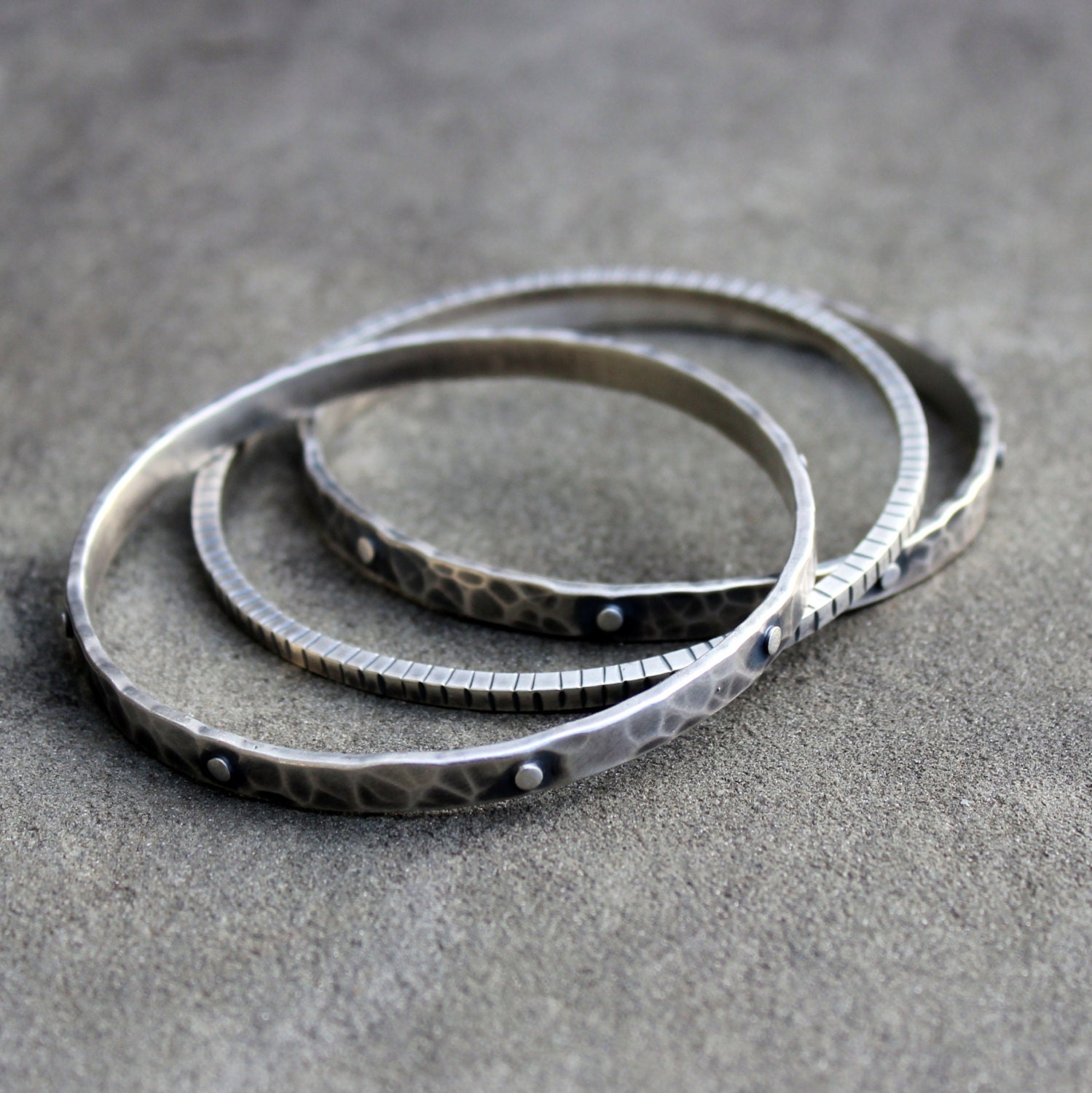 Silver Bangle Stacking Bangles Sterling Silver Bangles Hammered Silver Bangles Heavy Stacking ...