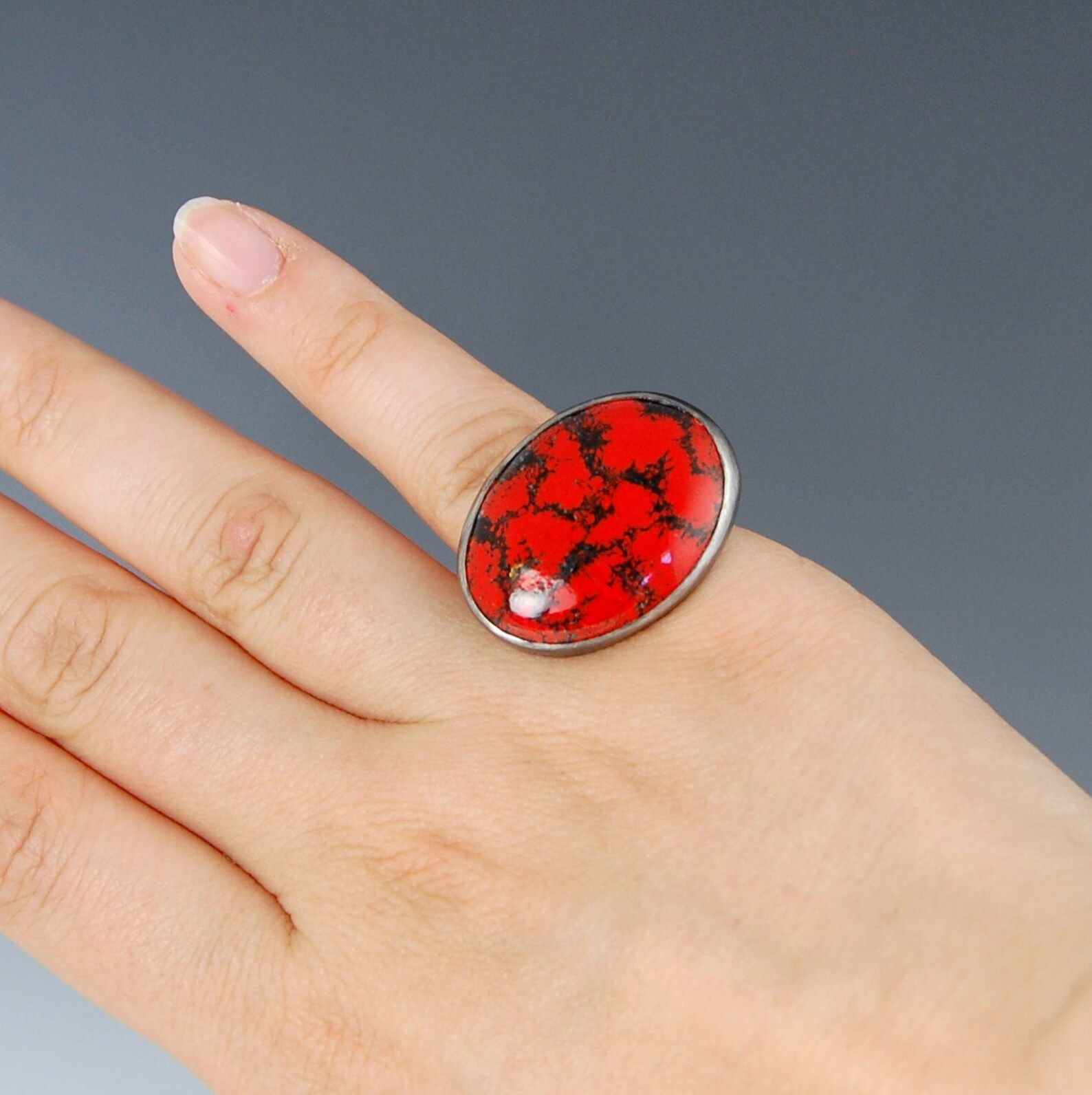 Enamel Ring Red Enamel Ring Red and Black Enamel Ring Enamel Silver ...