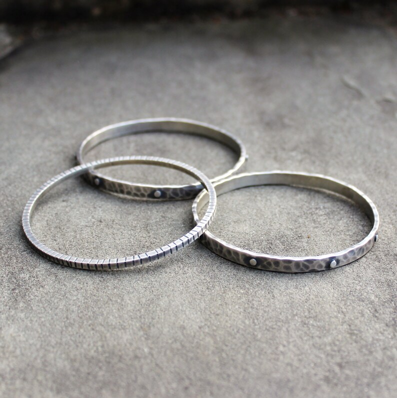 Silver Bangle Stacking Bangles Sterling Silver Bangles Hammered Silver Bangles Heavy Stacking ...