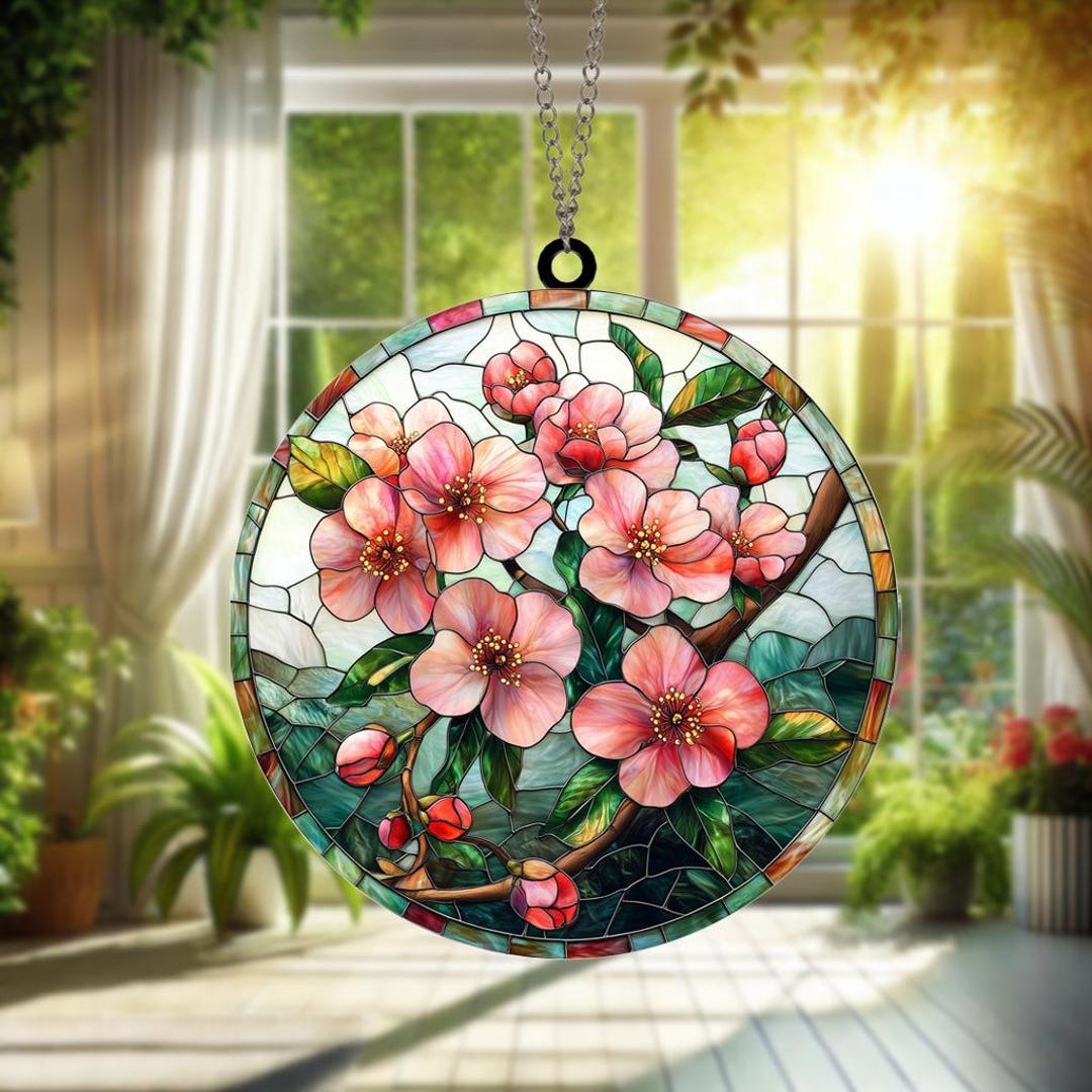 Handmade Peach Blossom Stained Glass Suncatcher: Elegant Window Decor ...