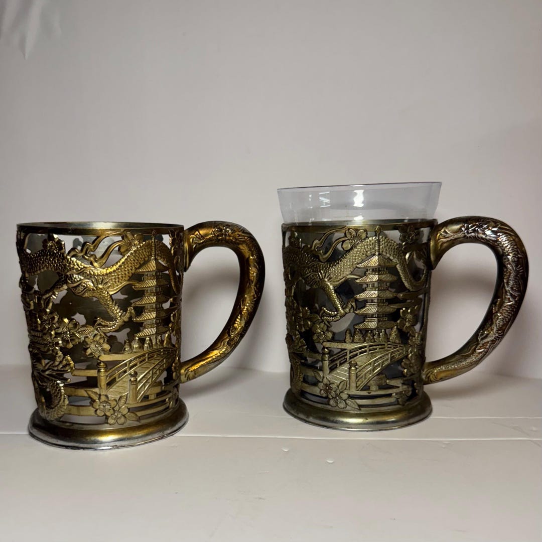 Vintage Golden Bronze Metal Beer Stein Chinese Dragon Tankard Pierced ...