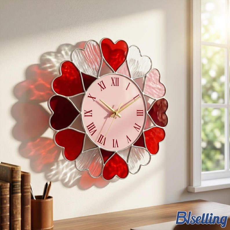 Double Heart Stained Glass Clock, Anniversary Gift, Romantic Wall Decor ...