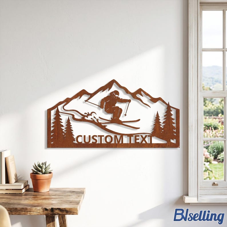 Personalized Skiing Rusted Steel Wall Art, Mountain Cabin Decor, Father ...