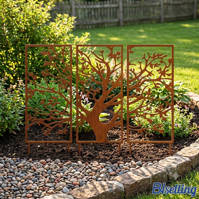 Set of 3 Rusted Tree of Life Garden Stakes, Gardener Gift - Etsy