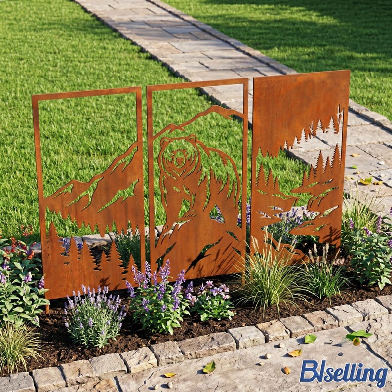 Set of 3 Rusted Metal Garden Stakes, Bear Mountain Wilderness Yard Art ...