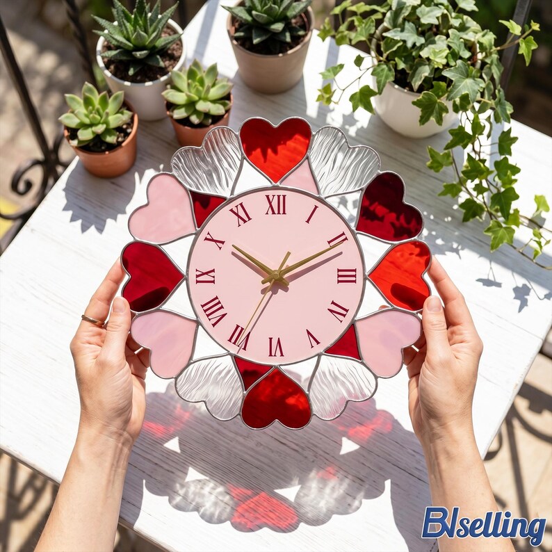 Double Heart Stained Glass Clock, Anniversary Gift, Romantic Wall Decor ...