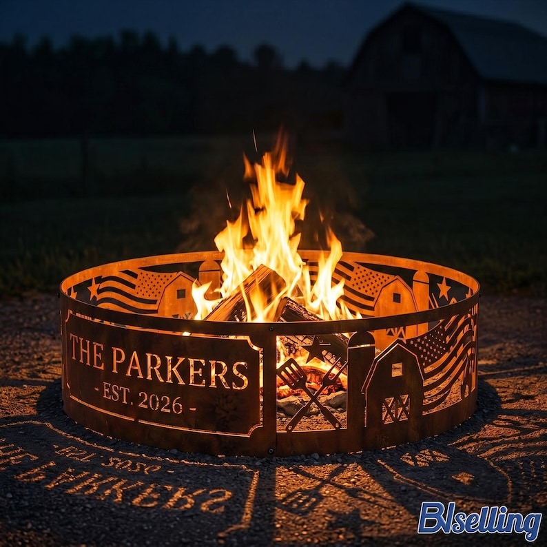Personalized American Farmhouse Fire Pit Ring, Patriotic BBQ Campfire ...