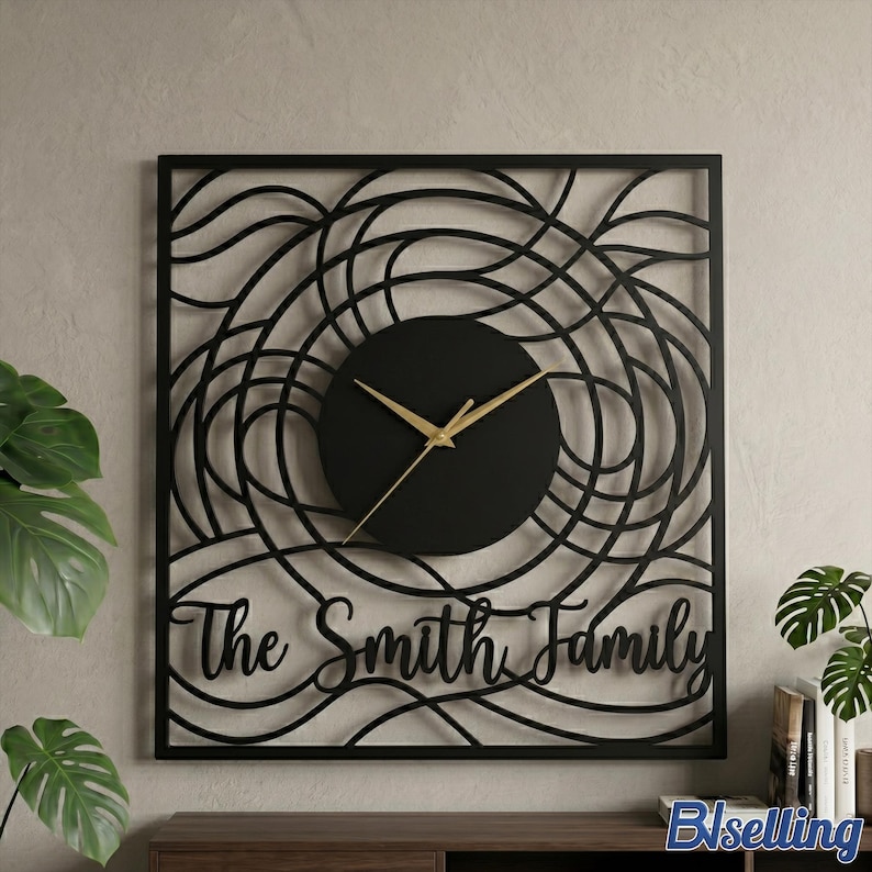 Modern Square Metal Wall Clock, Abstract Swirling Geometric Art ...