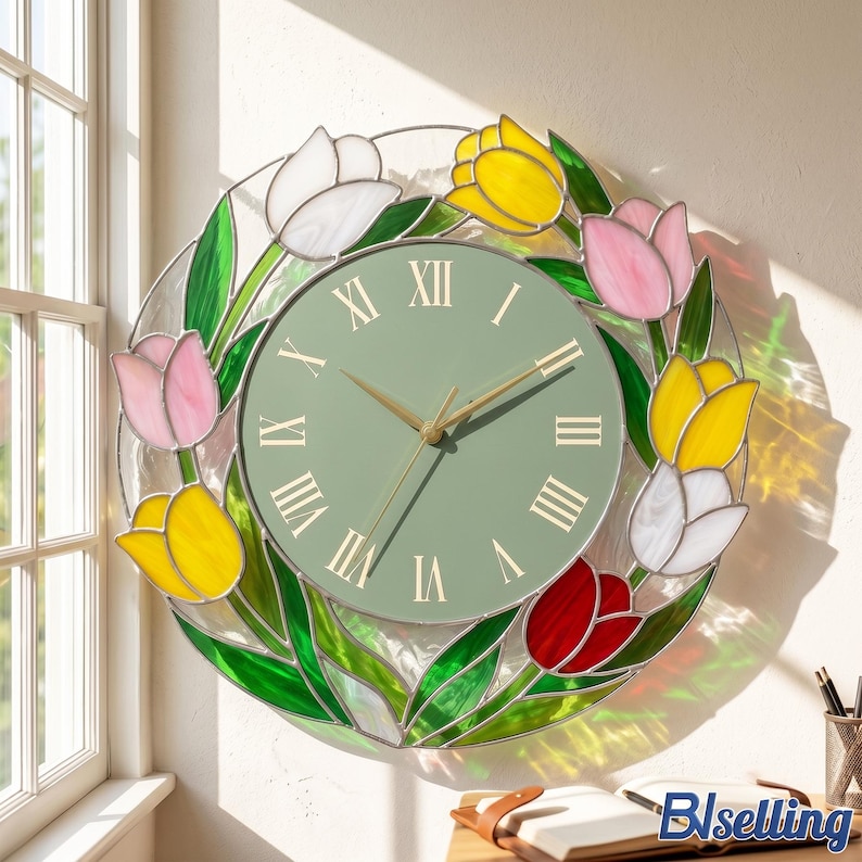 Stained Glass Tulip Garden Clock, Cottage Floral Wall Art, Spring Decor ...