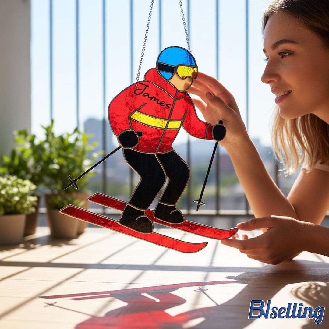 Personalized Skier Stained Glass Suncatcher, Custom Name Skiing Window ...