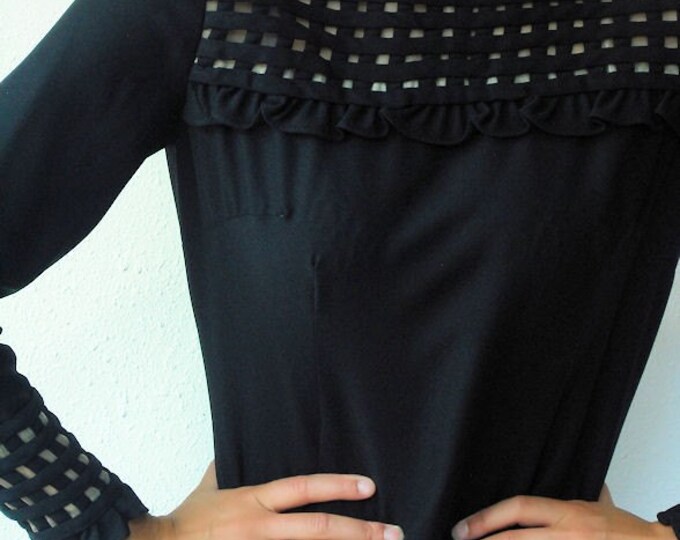 Vintage 60's 70's Black Sheer Cage Panel Ruffle Shift Dress-size Medium ...