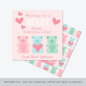 Printable Gummy Bear Valentine Card, Editable Gift Tag (digital ...