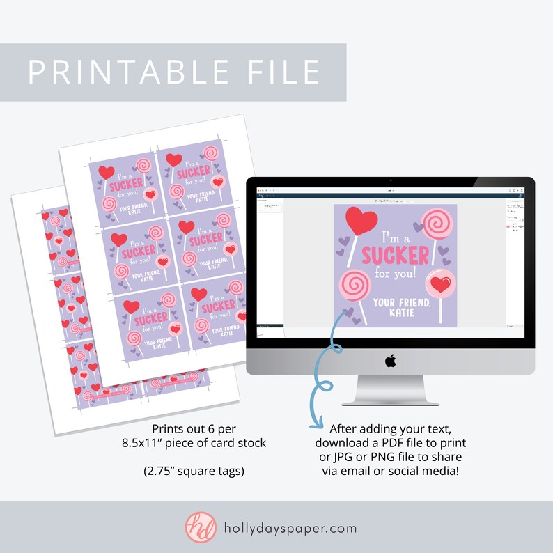 Sucker Valentine Printable: Lollipop Gift Tag (editable, Digital ...