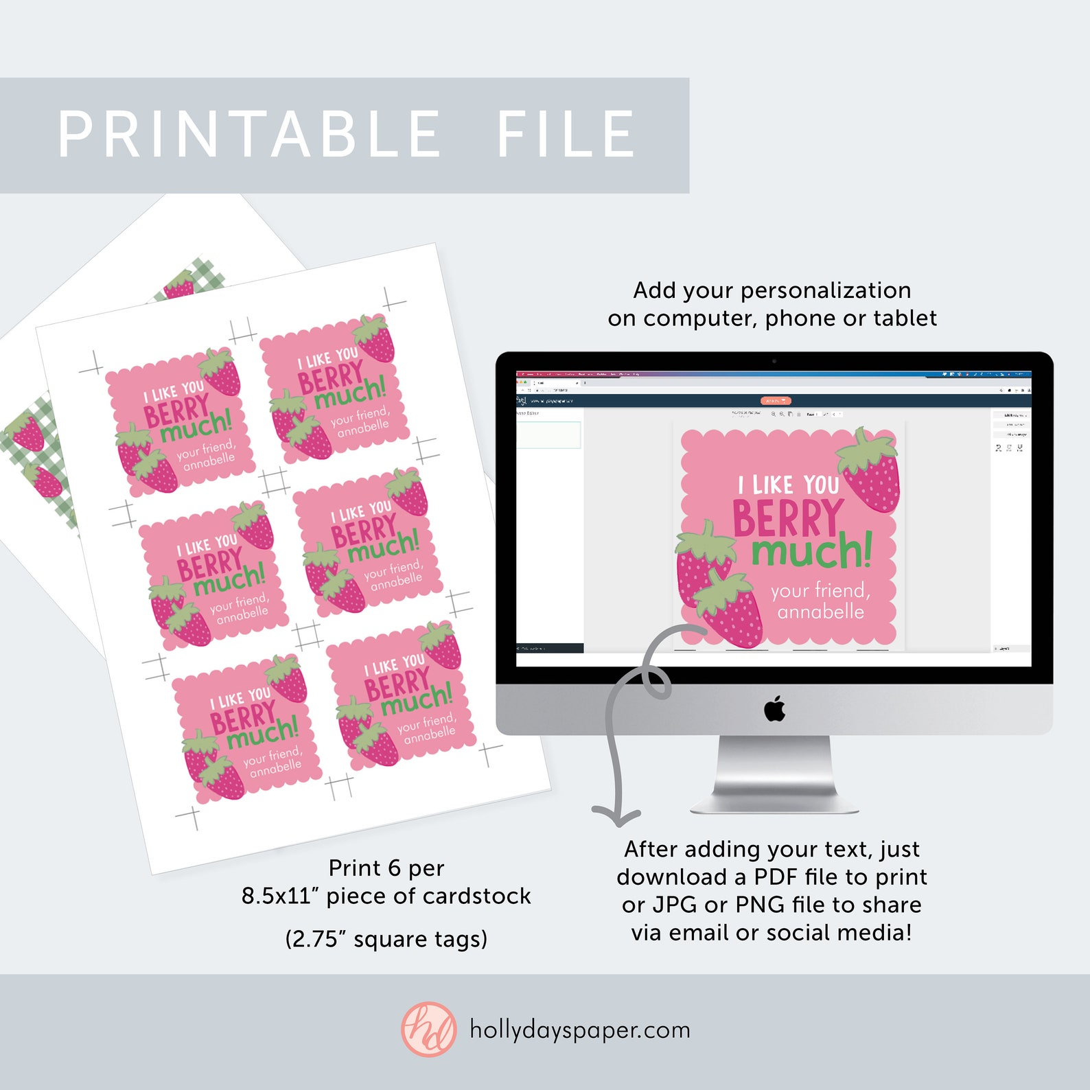 Strawberry Valentine Printable | Editable Kids Card (digital Download ...