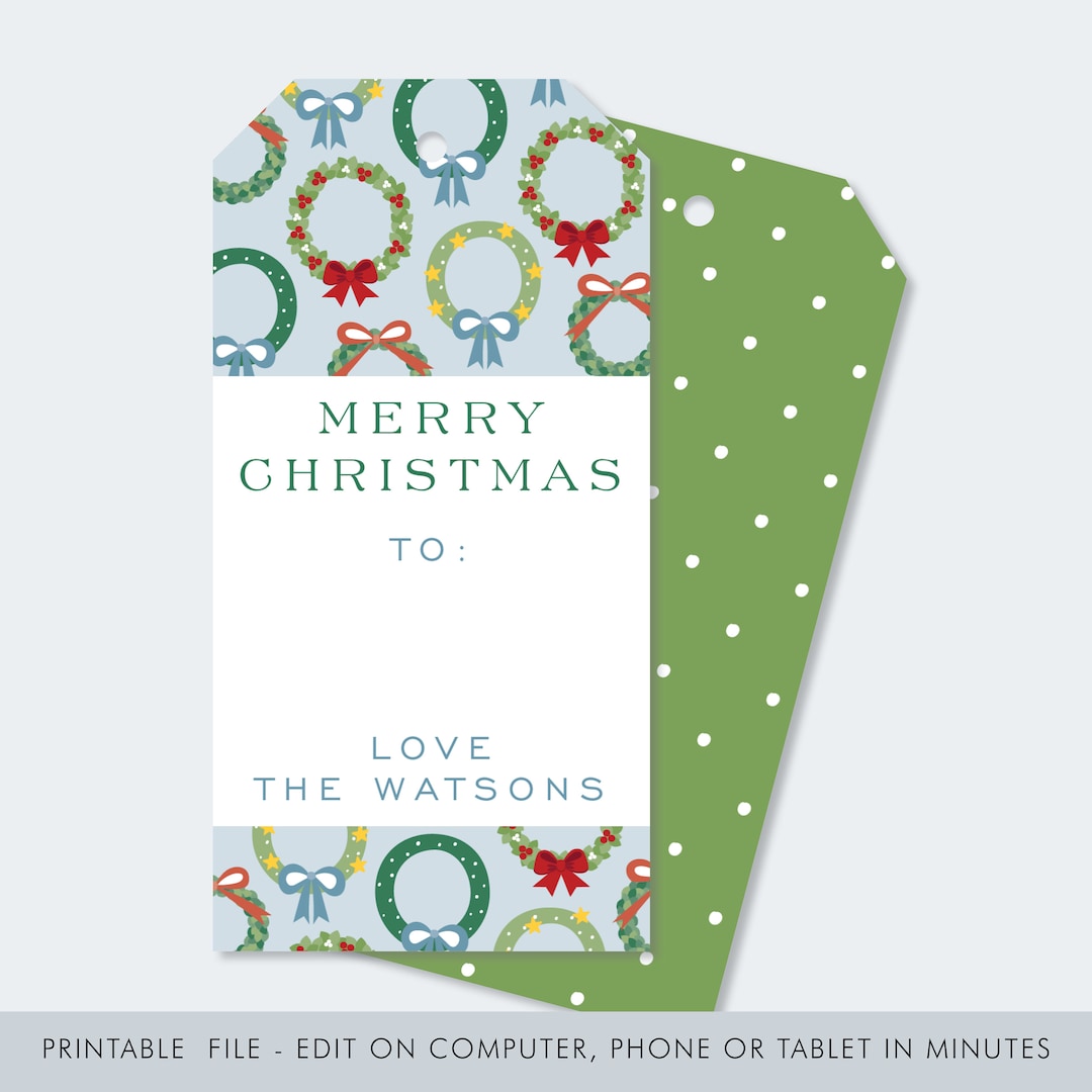 Printable Christmas Gift Tag / Christmas Wreath String Tag / Christmas ...