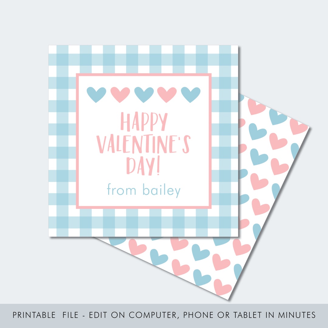 Blue Pink Gingham Heart Valentine Printable / School Valentine ...