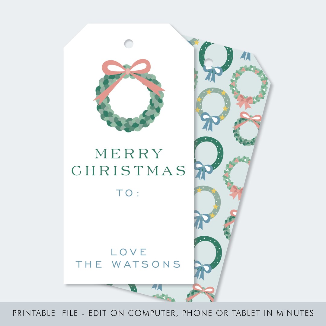 Printable Christmas Gift Tag / Christmas Wreath String Tag / Christmas ...