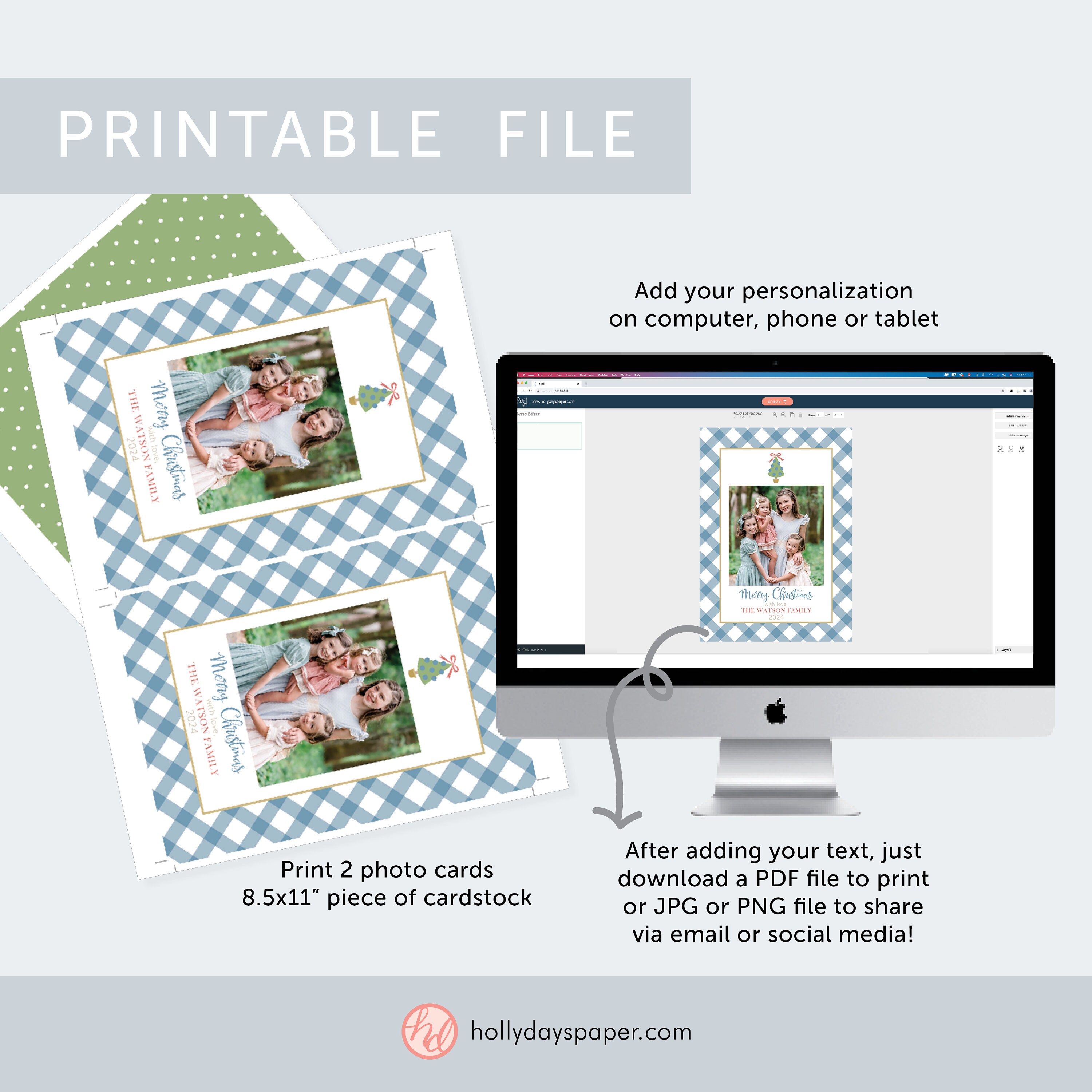 Blue Gingham Christmas Photo Card: Editable Printable (5x7 In) - Etsy