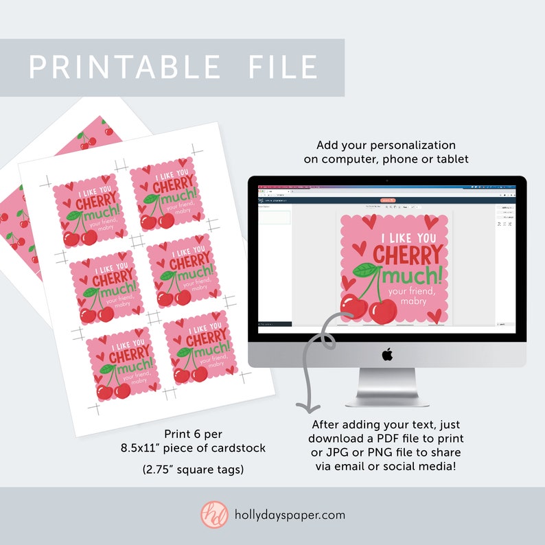 Printable Cherry Valentine Printable / School Valentine / Classroom ...