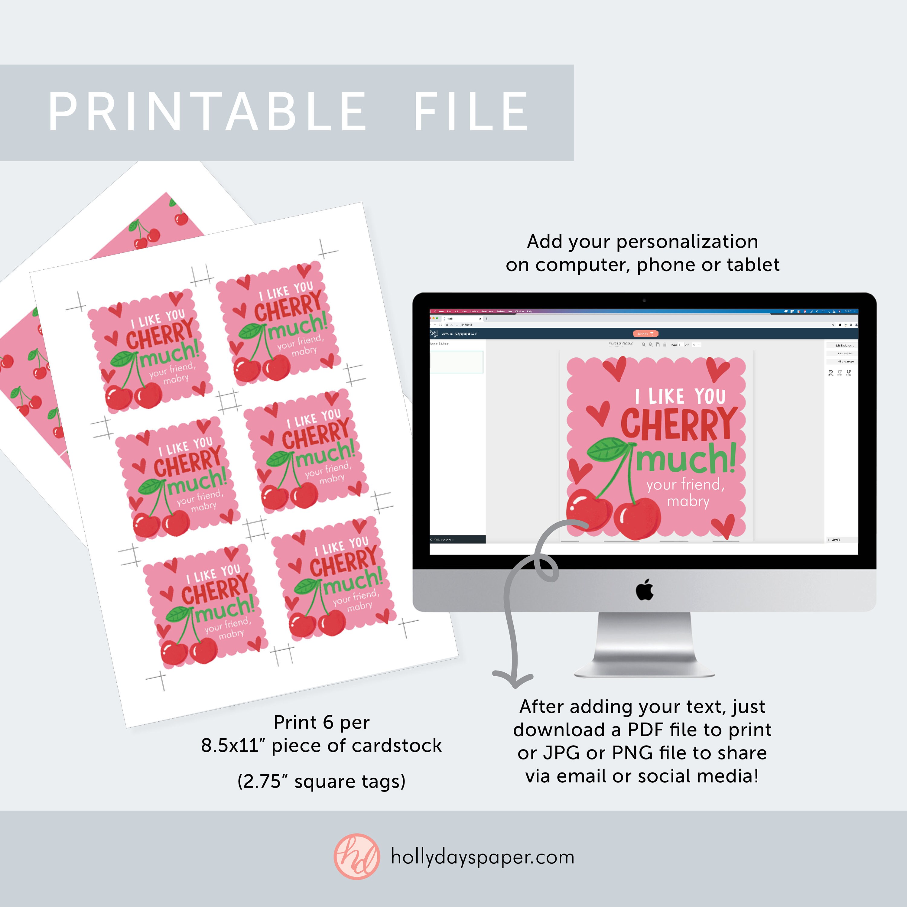 Printable Cherry Valentine Printable / School Valentine / Classroom ...