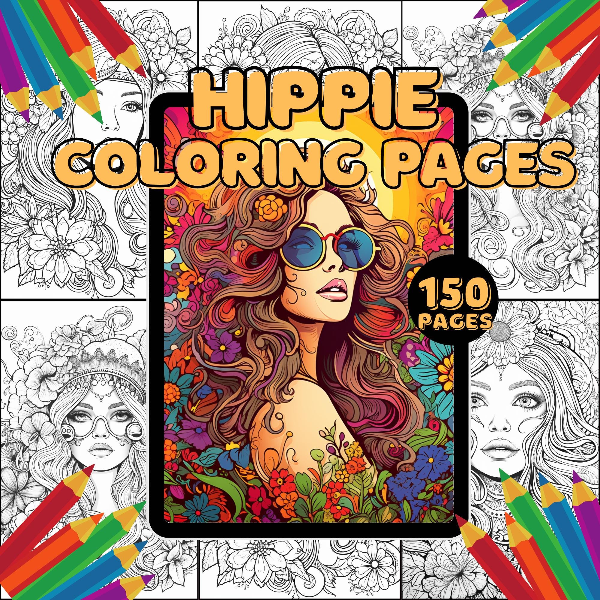150 HIPPIE COLORING PAGES, Adult Coloring Pages, Printable Coloring ...