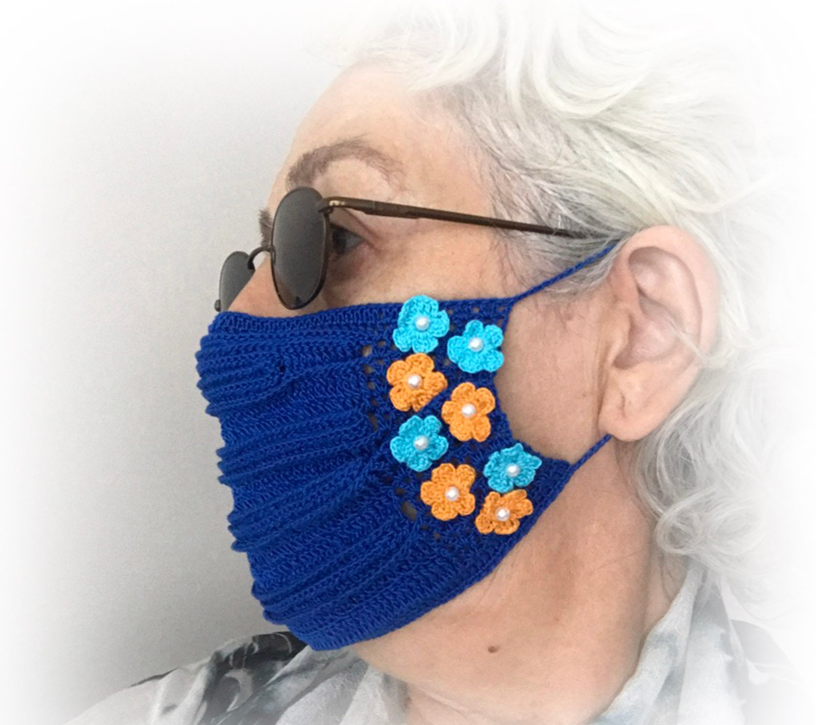 Crochet Flower Face Mask Pattern, Navy Cotton Mask (PDF Pattern) - Etsy