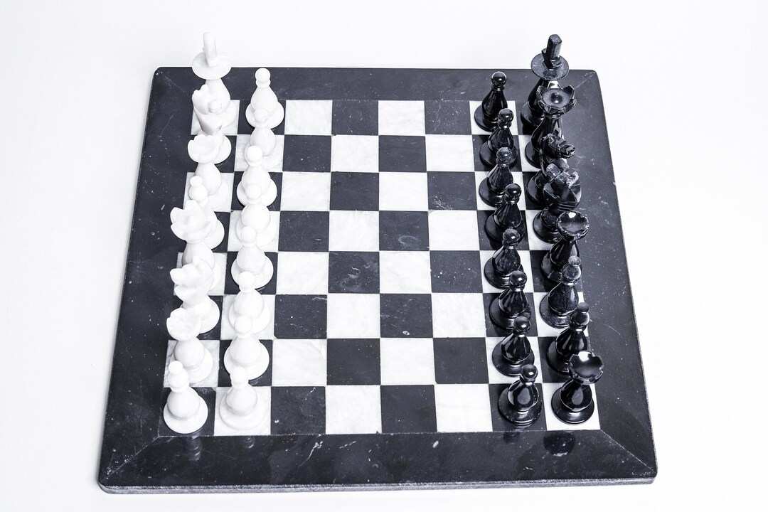 Hand Carved Onyx Marble Black and White Stone Chess Board and Pieces ...
