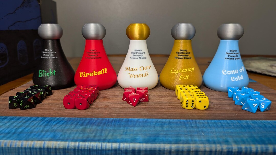 Spell Potion Bottles With Dice Arcane Elixirs Fireball, Cone of Cold ...