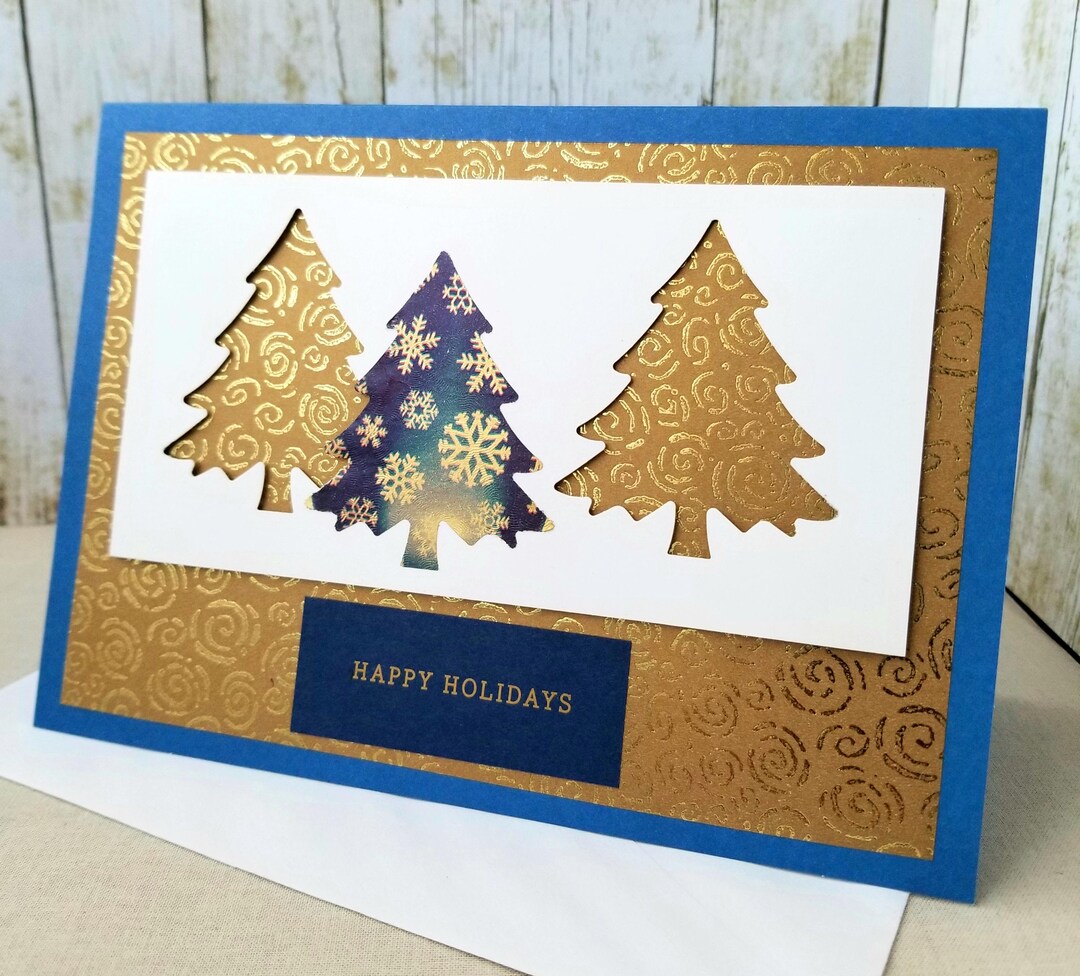 Gold Metallic and Blue Punched Trees Christmas Yule Holiday Card - Etsy
