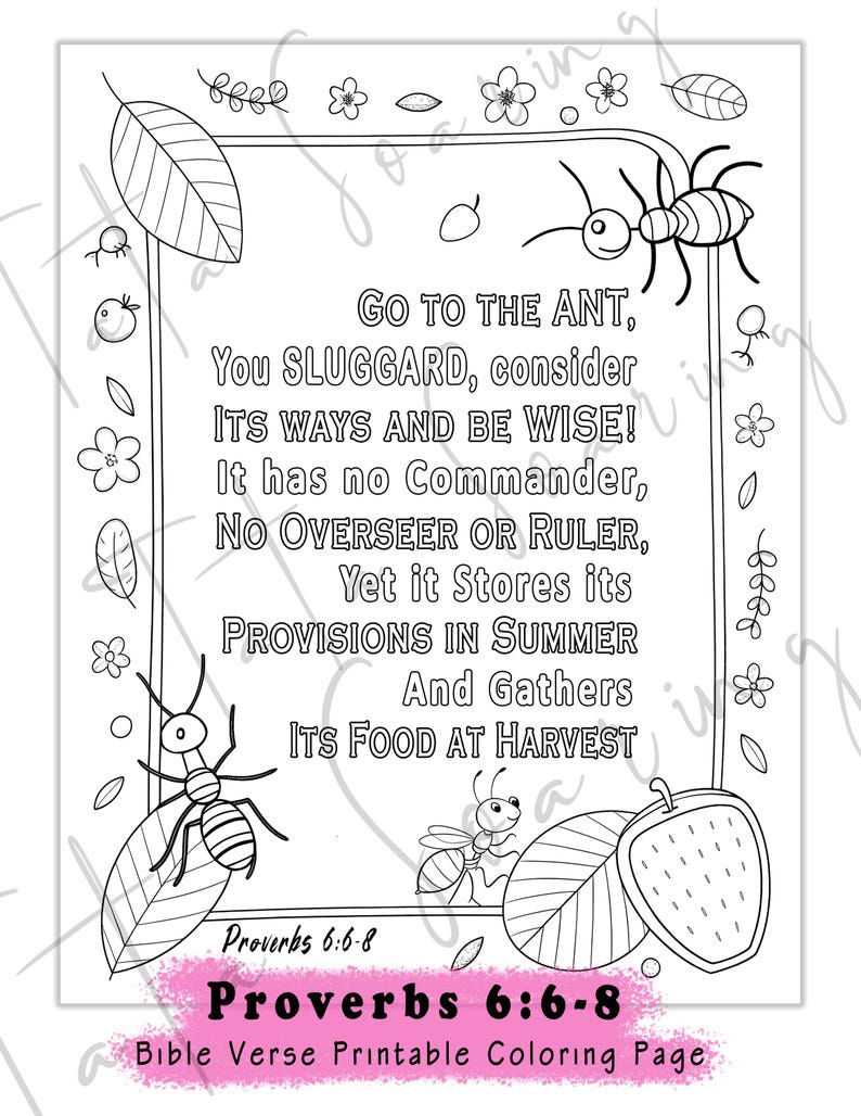 Bible Verse Coloring Page - Proverbs 6:6-8 - Printable Digital Download ...
