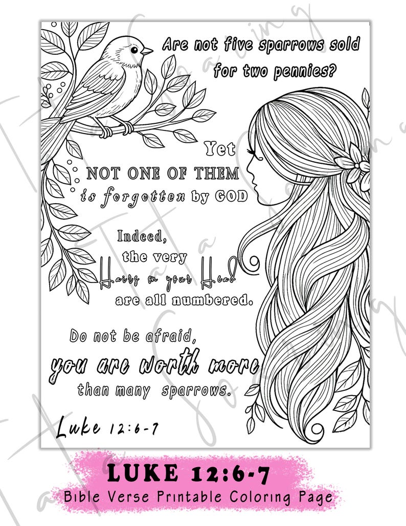 Bible Verse Coloring Page - Luke 12:6-7 Sparrow Design (digital ...