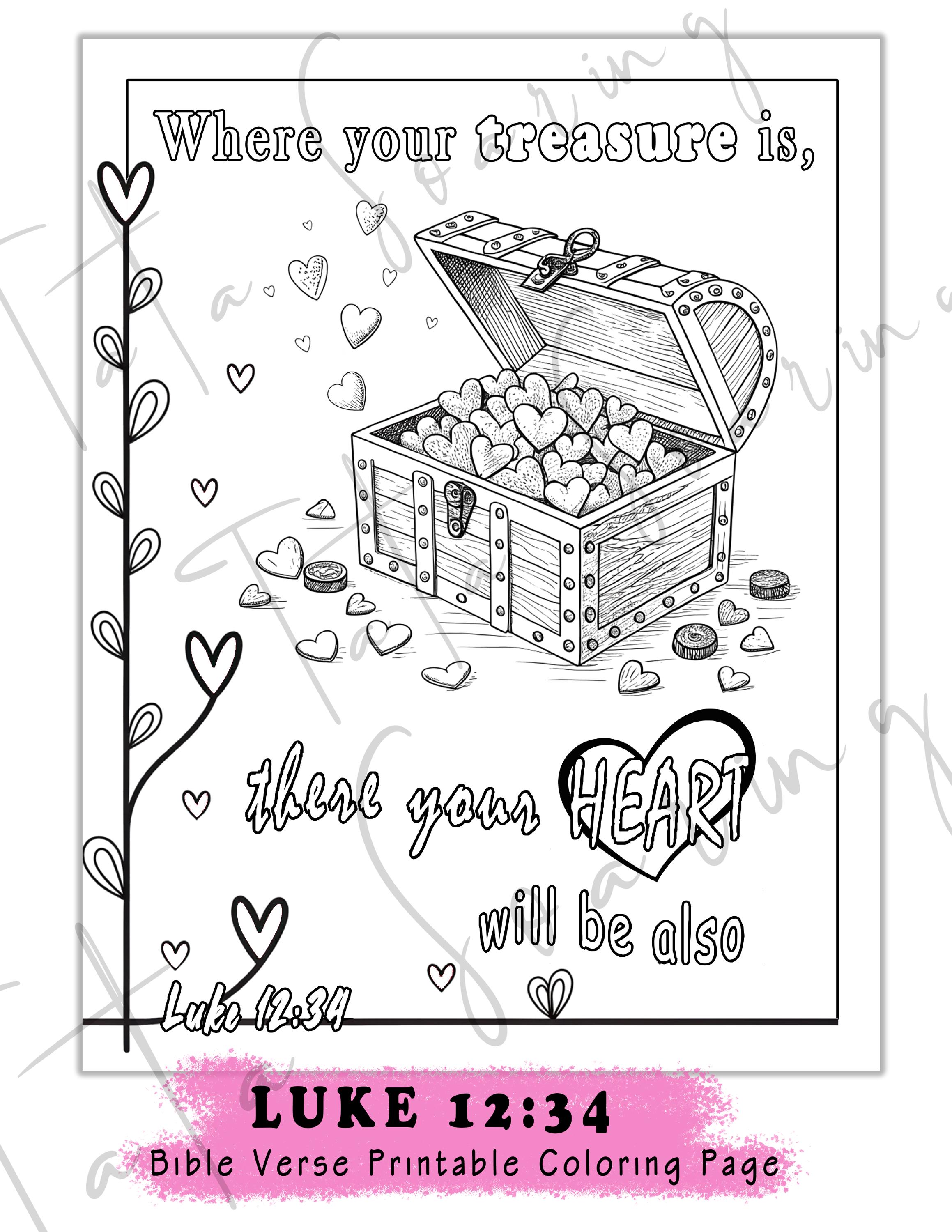 Bible Verse Coloring Page - Luke 12:34 - Printable Digital Download ...