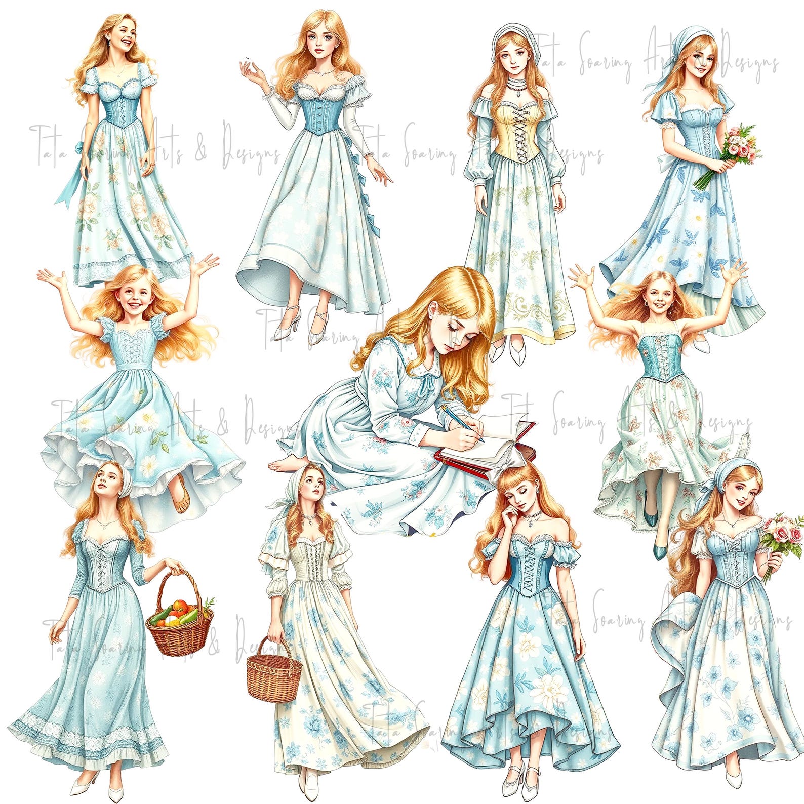 70 Vintage Cottage Girls Light Blue Clip Art Bundle, Cute Girl Clipart ...