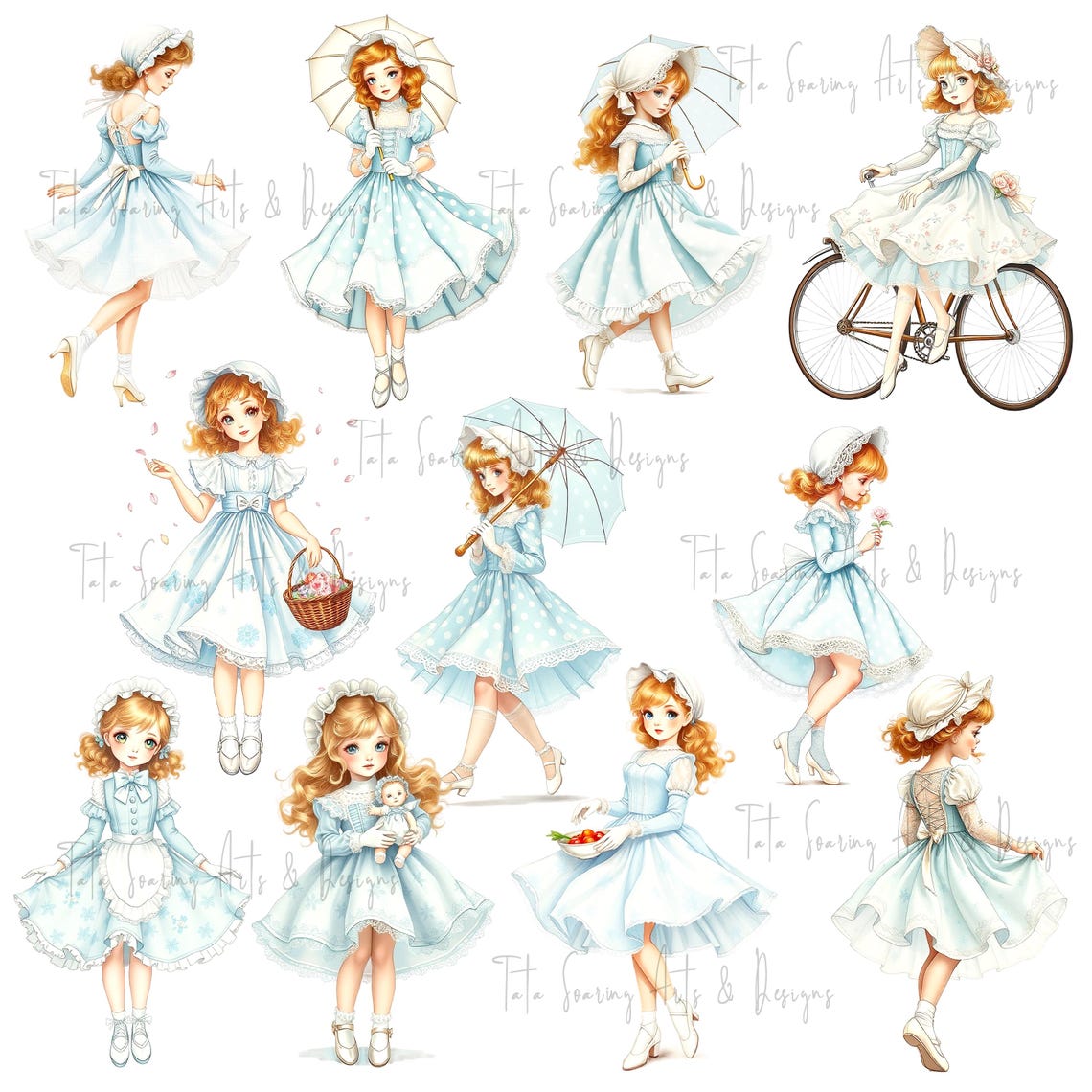 70 Vintage Cottage Girls Light Blue Clip Art Bundle, Cute Girl Clipart ...