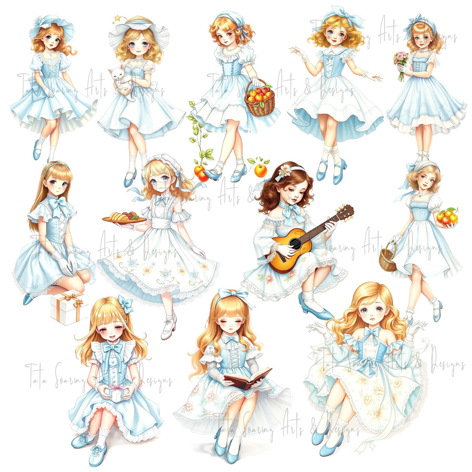 70 Vintage Cottage Girls Light Blue Clip Art Bundle, Cute Girl Clipart ...