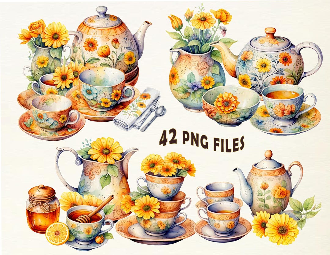 Tea Party Clip Art Bundle Set, Afternoon Tea Pngs, Marigold Flowers ...