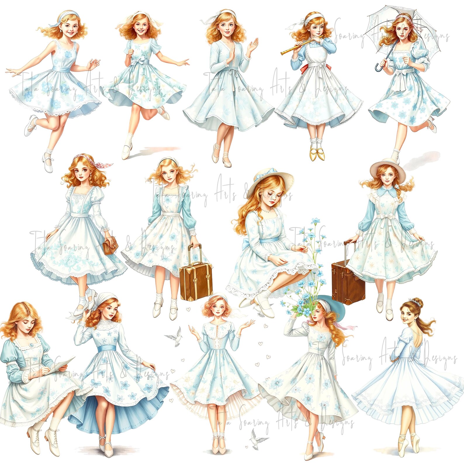 70 Vintage Cottage Girls Light Blue Clip Art Bundle, Cute Girl Clipart ...