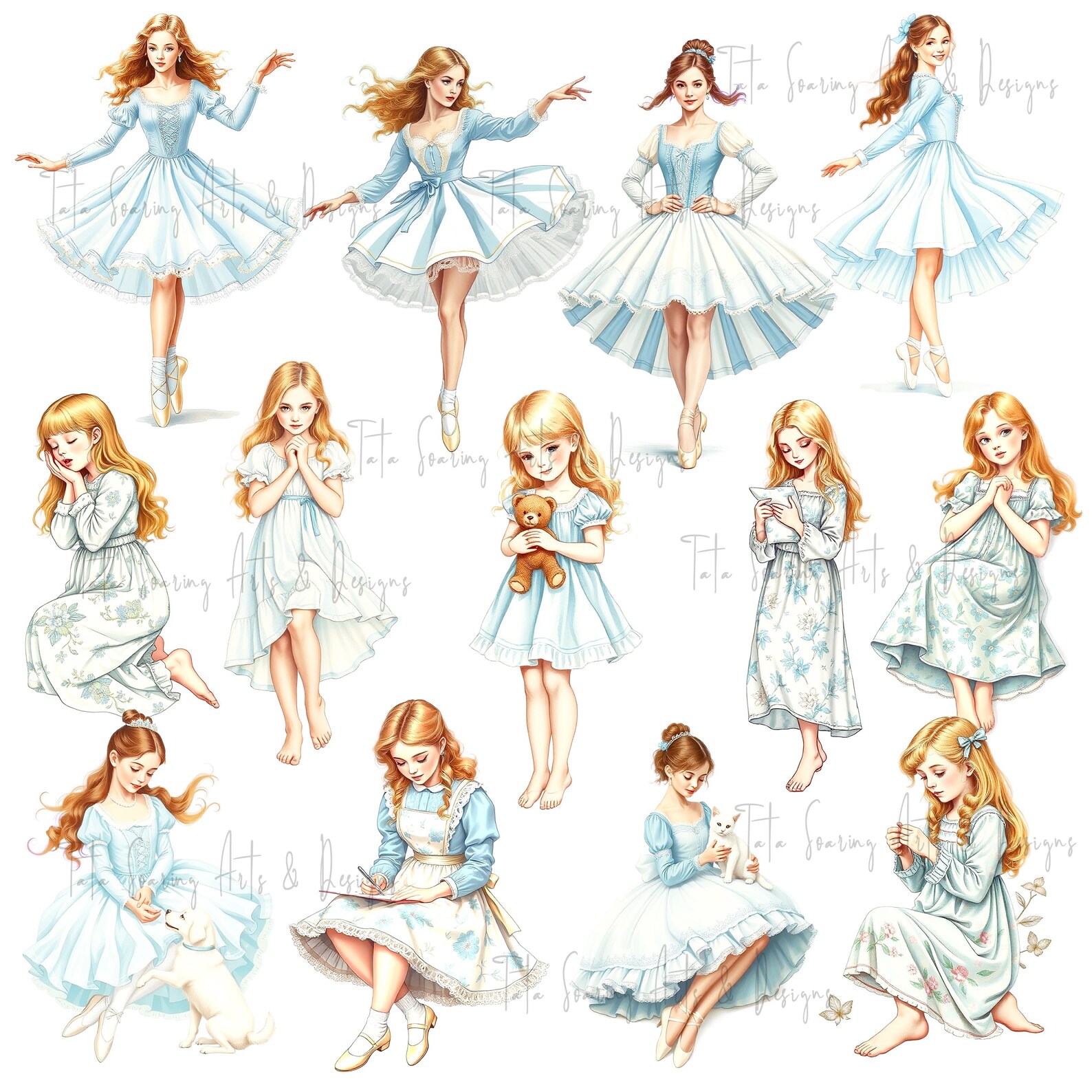 70 Vintage Cottage Girls Light Blue Clip Art Bundle, Cute Girl Clipart ...