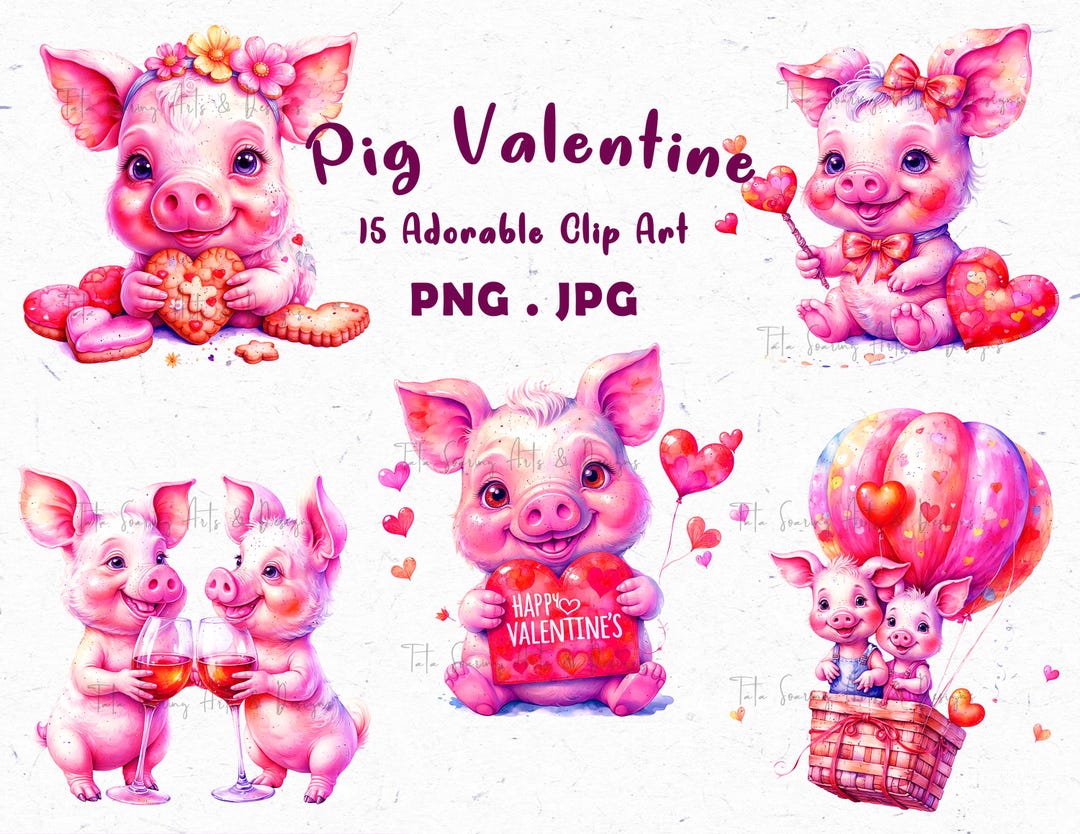 Pig Valentine Clip Art Bundle, Cute Pig Watercolor Art, PNG Transparent ...