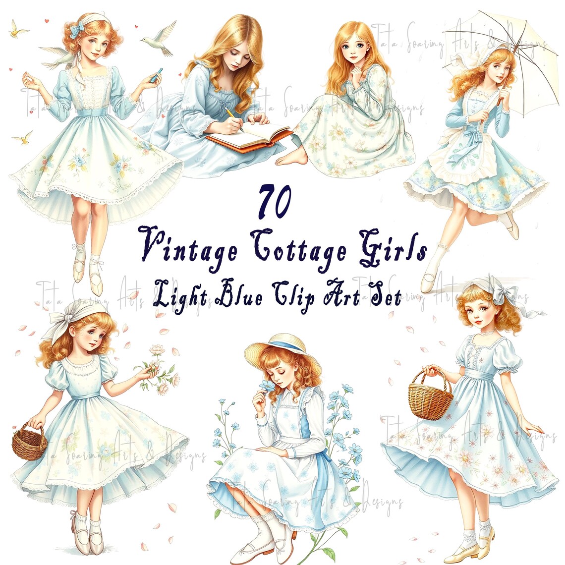 70 Vintage Cottage Girls Light Blue Clip Art Bundle, Cute Girl Clipart ...